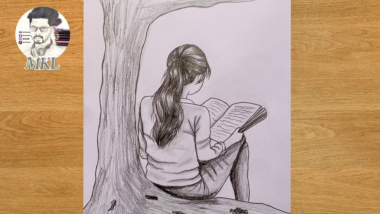 How to draw a girl reading book under tree // Sitting girl drawing - Ar ...