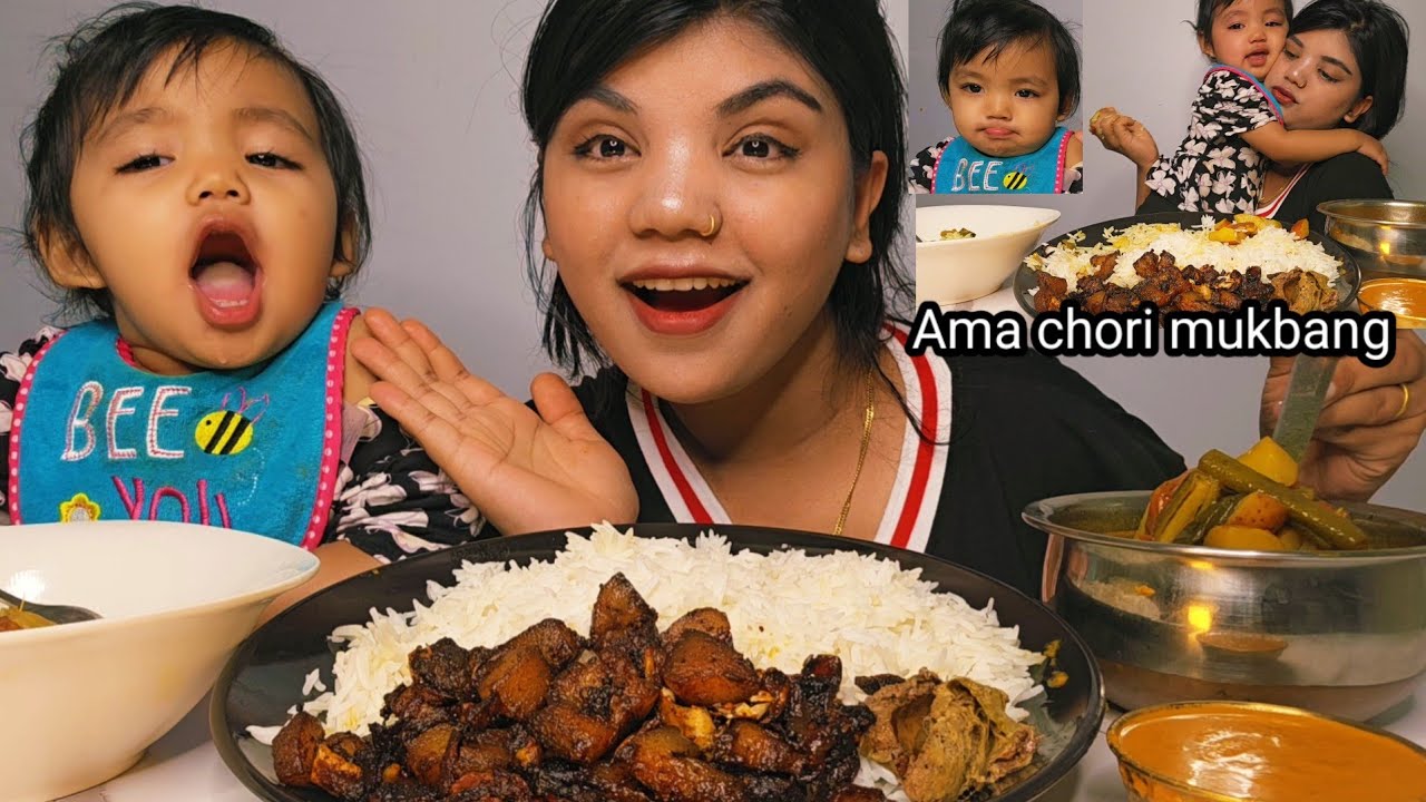 BHINDI ALOO KO JHOL RA PORK CURRY ANI ACHAR/AMA CHORA MUKBANG # ...