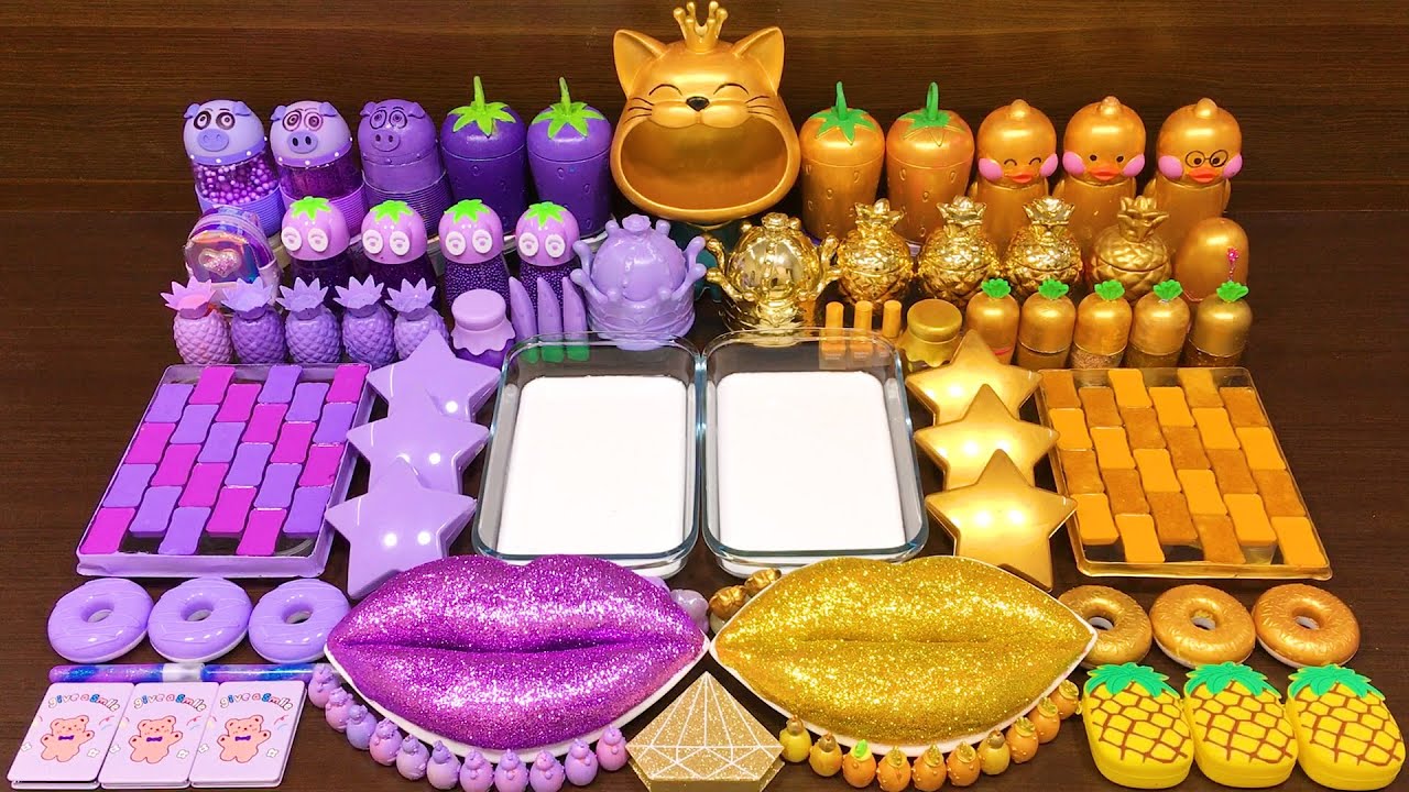 PURPLE vs GOLD! Mixing Random into GLOSSY Slime ! Satisfying Slime ...