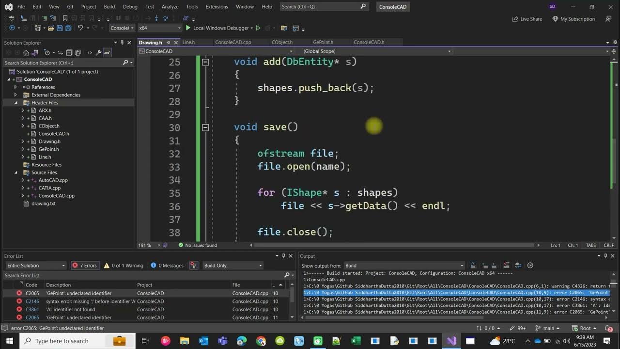 2D CAD Development with C++ in Visual Studio Part 11 Splitting Headers ...