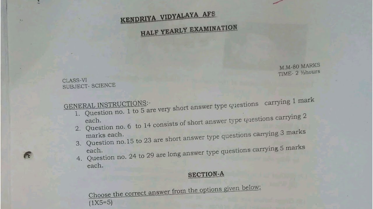 Half Yearly Exam Class 6 SCIENCE Exam Question Paper For KENDRIYA Half Yearly Exam Class 6 SCIENCE Exam Question Paper For KENDRIYA