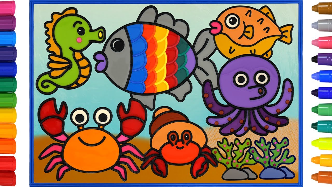 Sea Animals, rainbow fish, Jelly Coloring & Painting for Kids ...