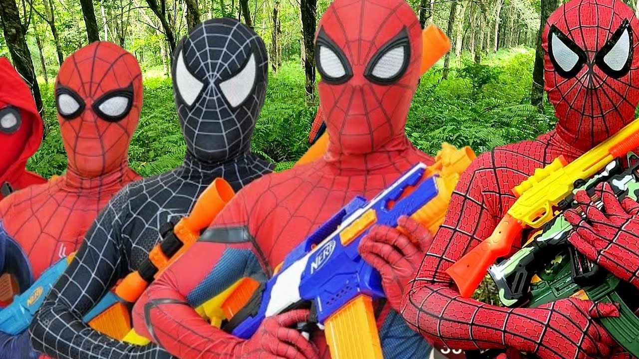 NERF WAR SPIDER-MAN IN REAL : Nerf guns, Nerf Sniper, AK47, Machine gun ...