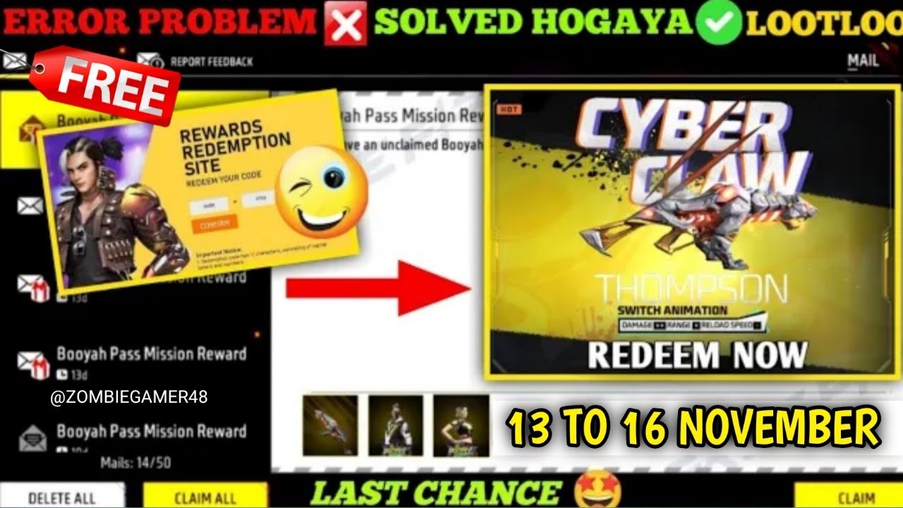 FREE FIRE TODAY FREE REDEEM CODE 🤑 | FF NEW REDEEM CODE 😇 | BOOYAH DAY ...