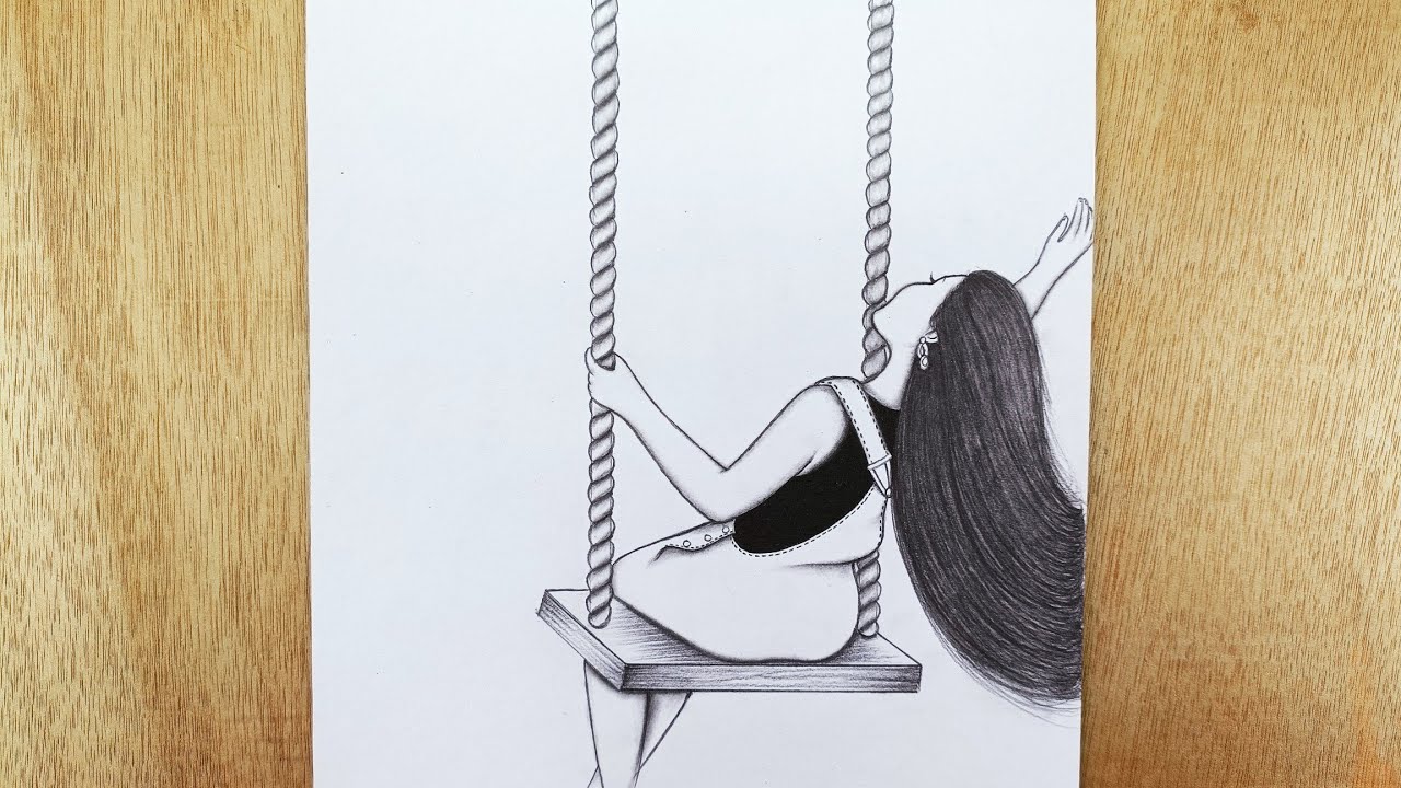 Easy drawing - A girl is swinging in the cradle Pencil sketch | girl ...