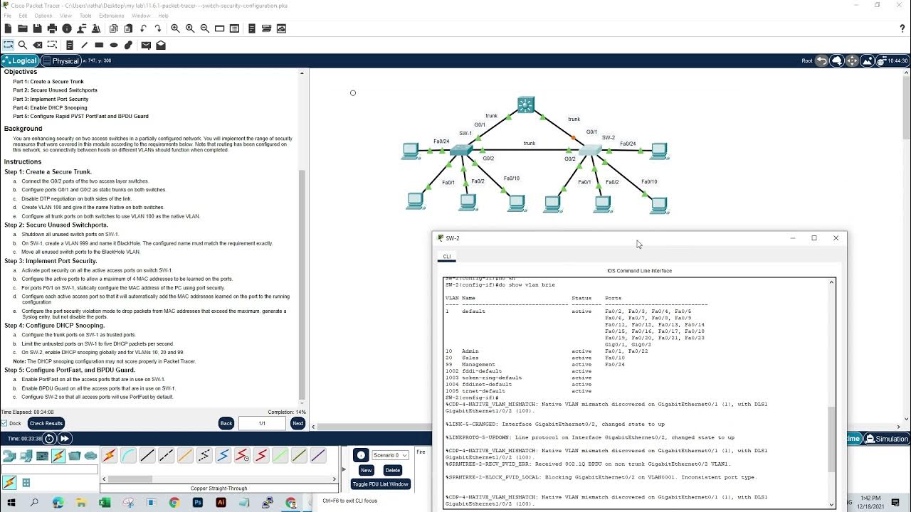 កែលំហាត់ Ccnav7 Srwe 11 6 1 Packet Tracer Switch Security