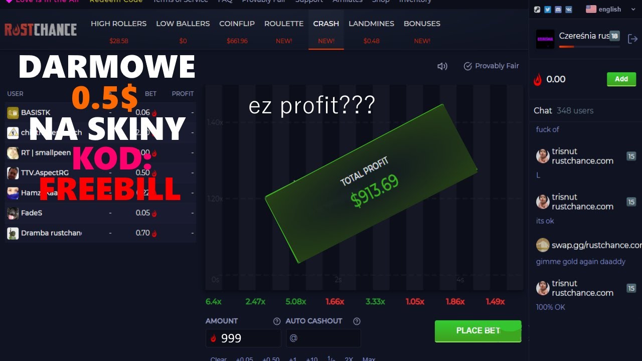 Betting on RUSTCHANCE.COM Ez profit FREE MONEY CODE:FREEBILL - YouTube