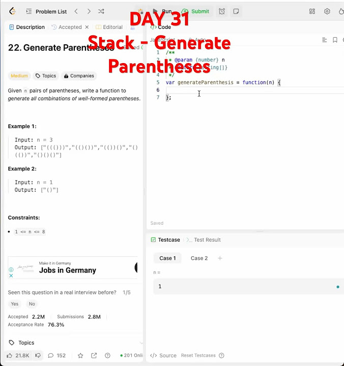 Day 31, Generate Parentheses, stack #coding #dsa #javascript #datastructure - YouTube