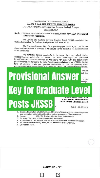 JKSSB Provisional Anawer Key for graduate level posts - YouTube