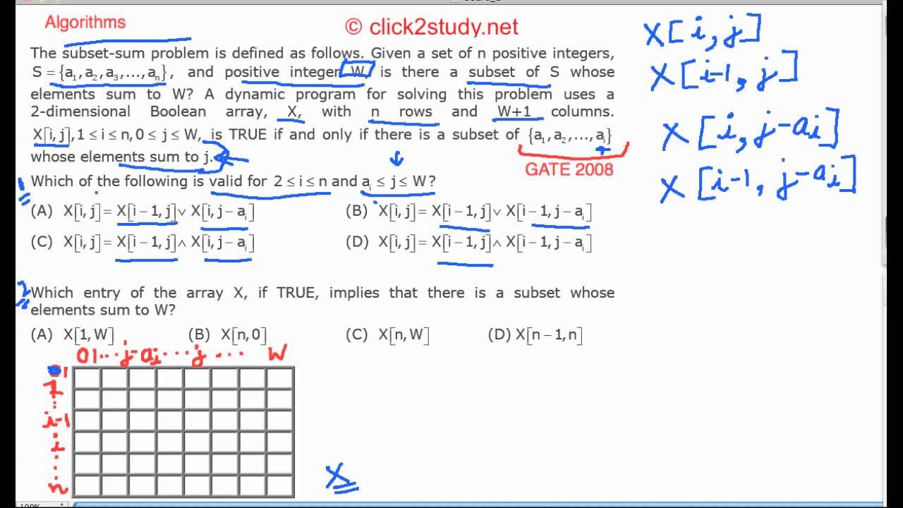 Algorithms Example 1.007 GATE CS 2008 (Subset Sum by Dynamic Programming) - YouTube
