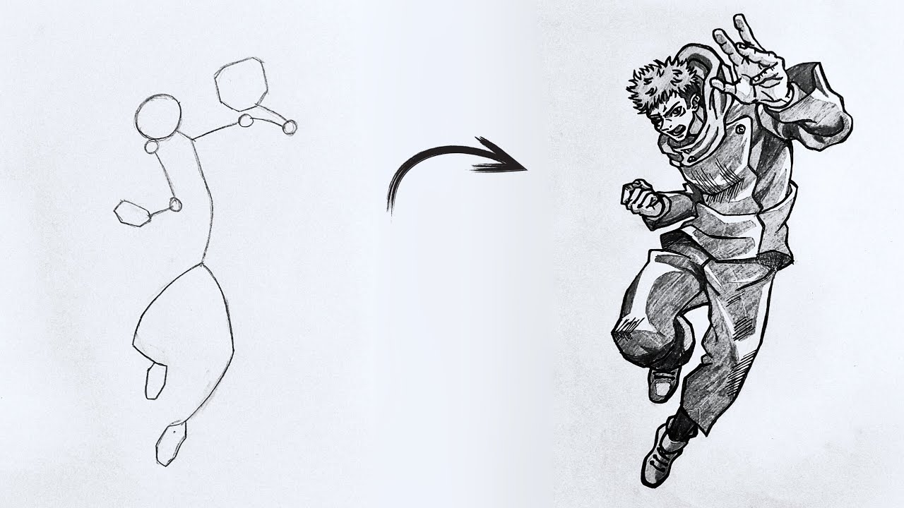 How to draw Yuji Itadori full body out of stick man | Jujutsu Kaisen ...