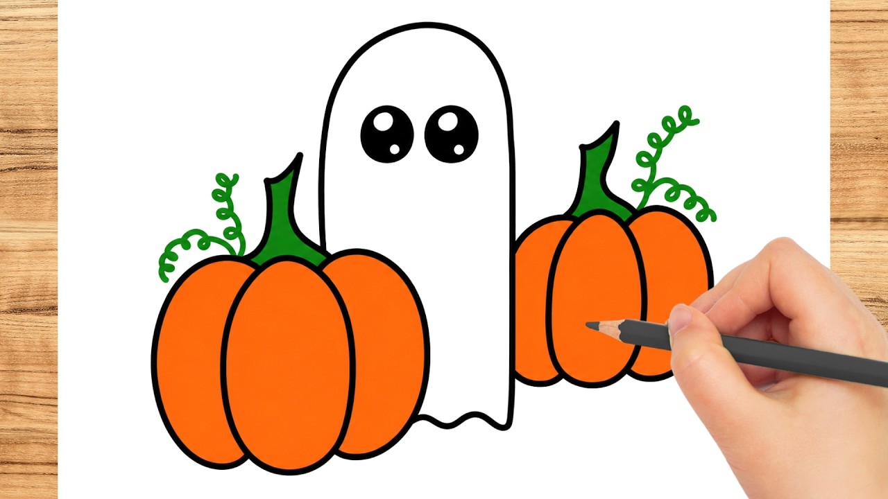 How to Draw Ghost with Pumpkins Step by Step for Kids and Beginners ...