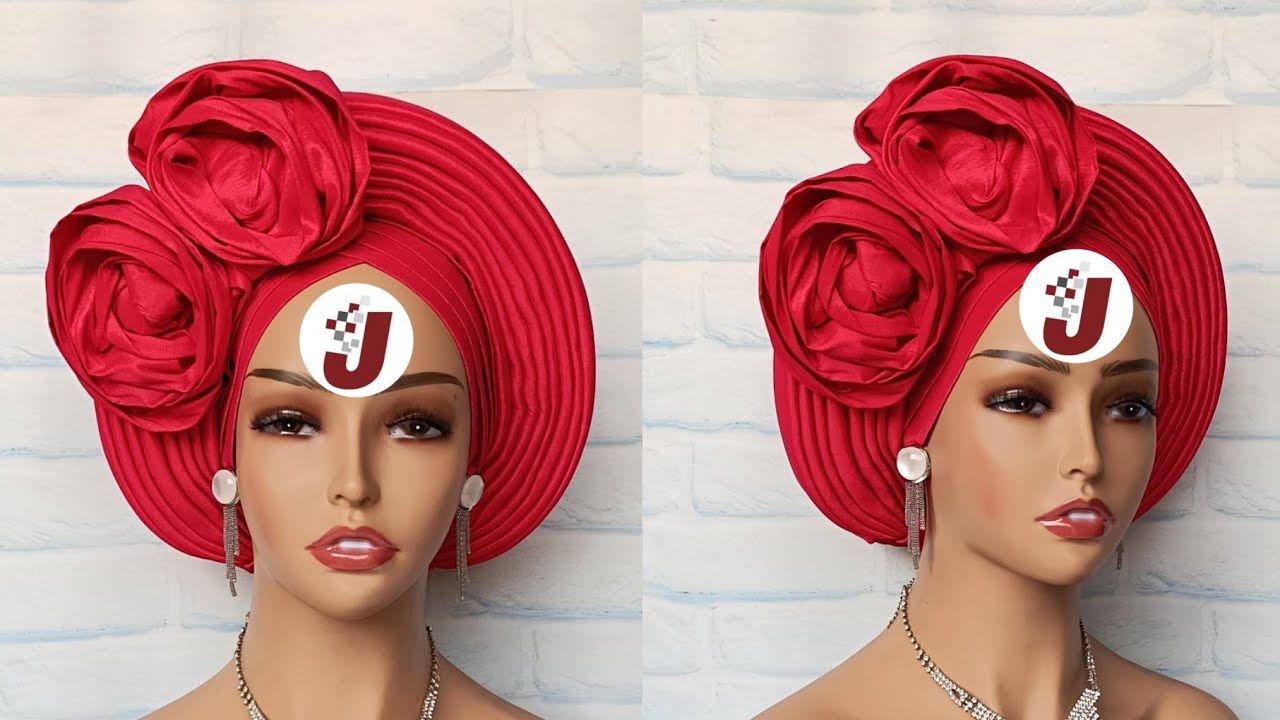 Trending Round Pleated Turban Gele with Rose Design - YouTube