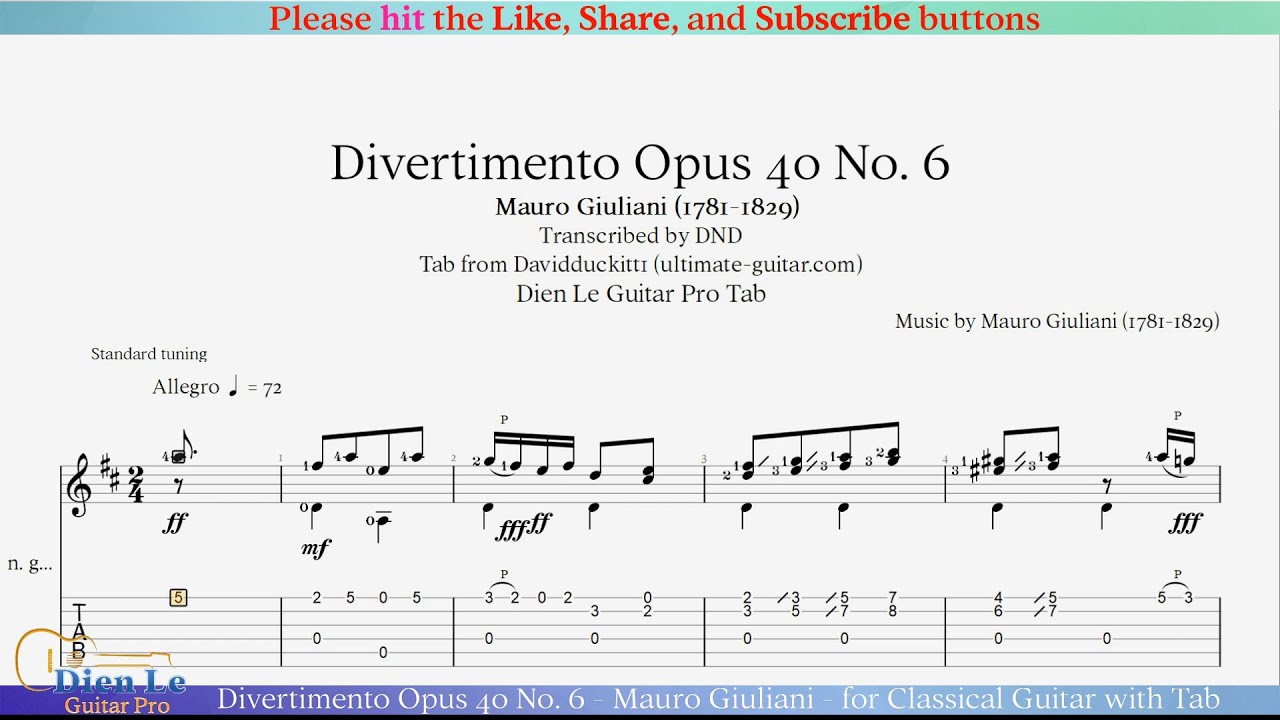 Divertimento Opus 40 No. 6 - Mauro Giuliani - for Classical Guitar with ...