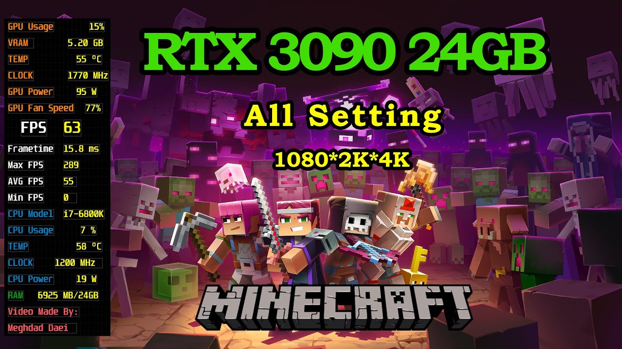 Minecraft RTX 3090 24GB All Setting FPS & Gameplay & Benchmark 1080P ...