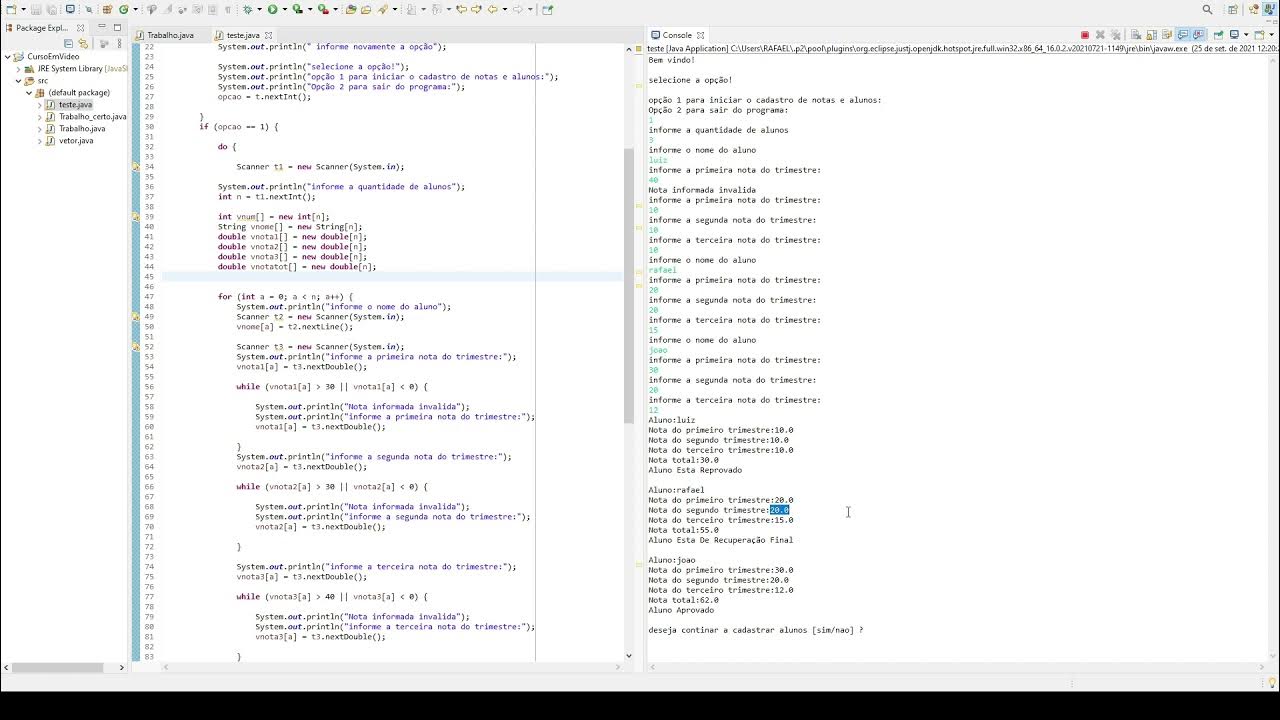 trabalho de Cadastro de alunos e suas notas em Java! - YouTube