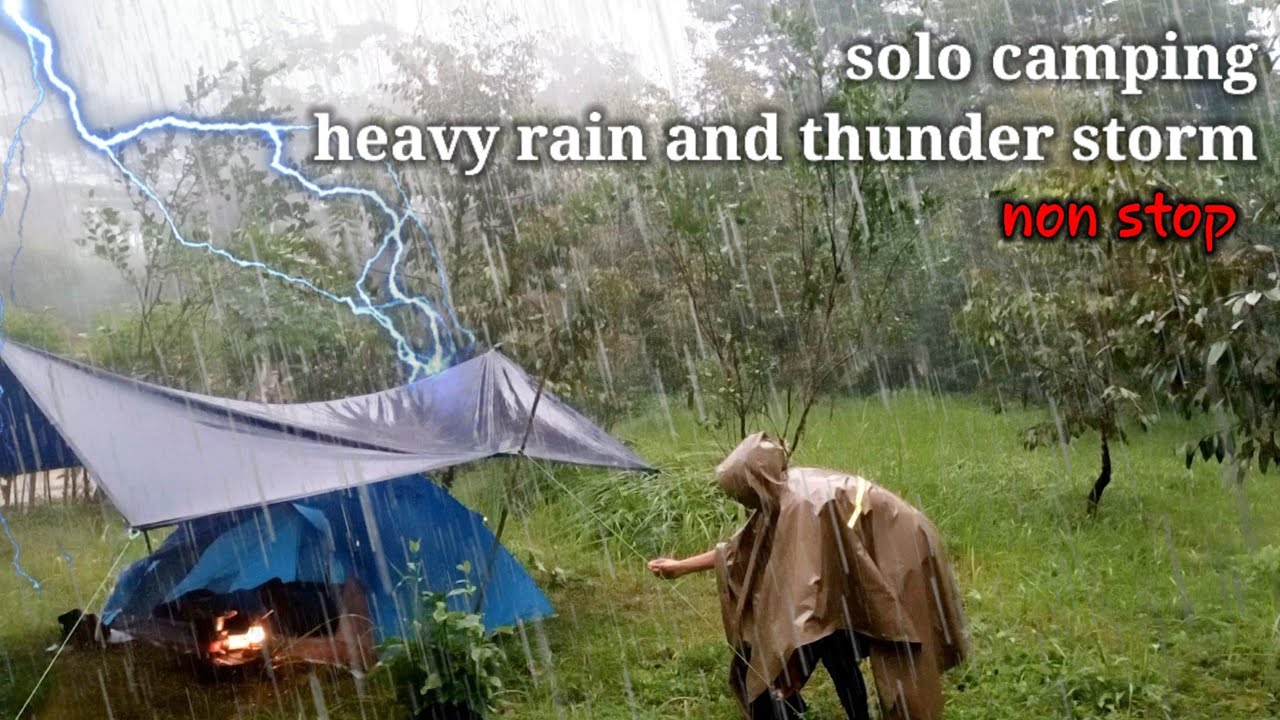 solo camping in super heavy rain storm and thunder relaxing non stop ...
