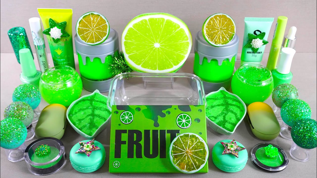 Lime green slime mixing with clay glitter and makeup 🍋💚 ★ASMR★ slime ...