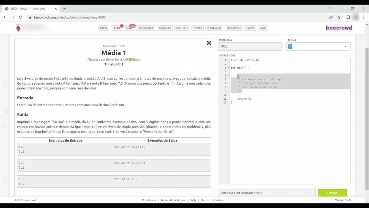 Linguagem C, ex. 1005 (Média1), site beecrowd - YouTube