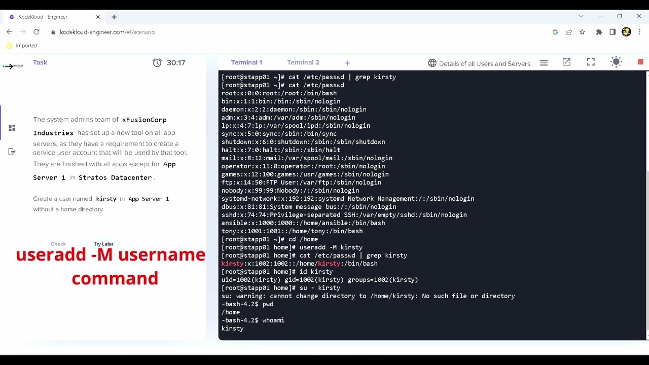 Creating A User Without Home Directory KodeKloud Engineer Task 2 Creating A User Without Home Directory KodeKloud Engineer Task 2