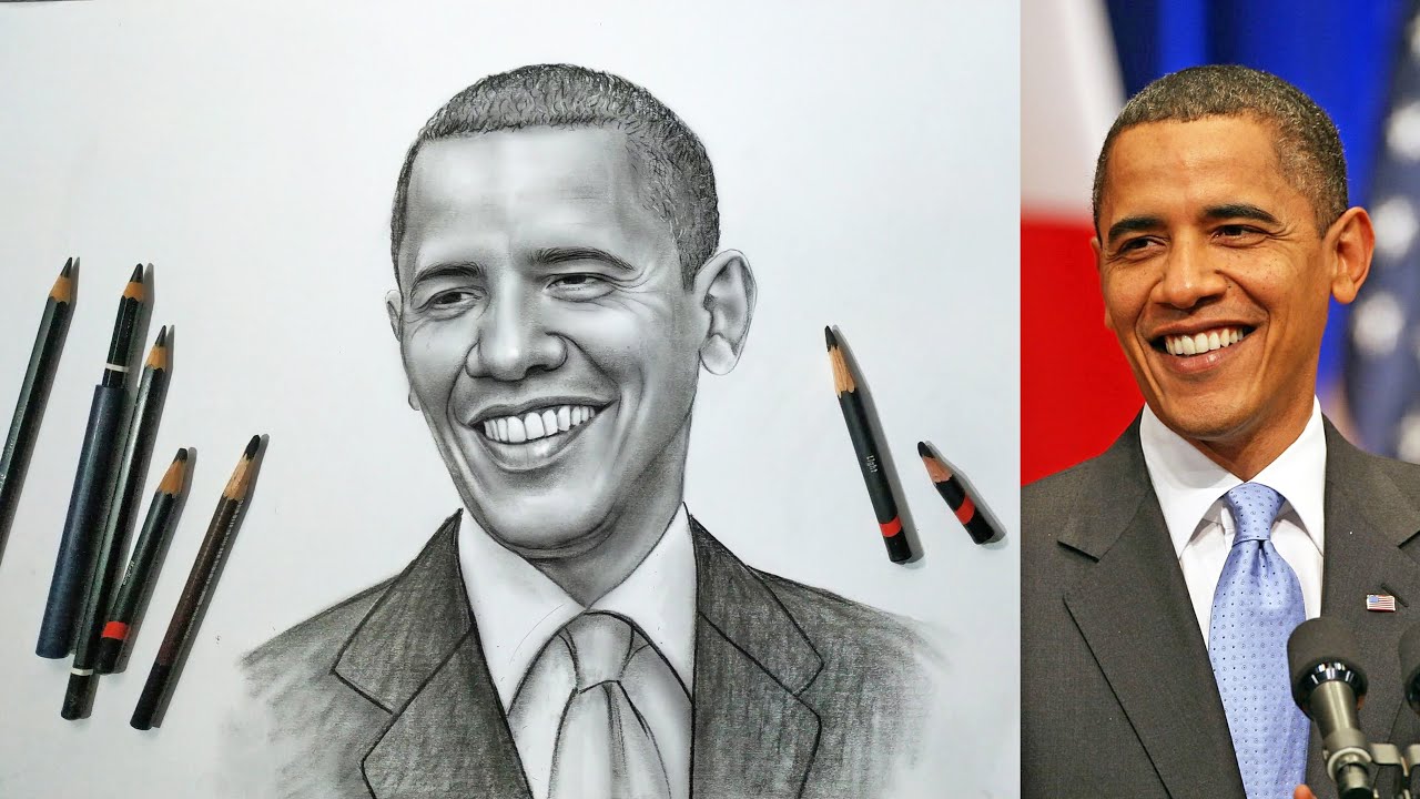 Drawing BARACK OBAMA step by step with Charcoal Pencil - YouTube