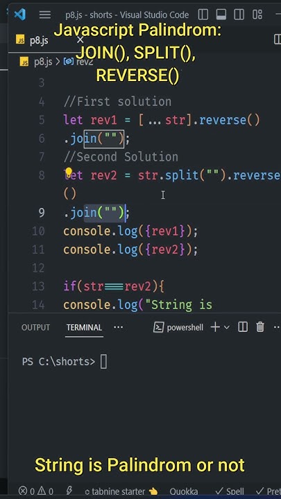 Javascript String Palindrome using Split() Join() Reverse() #shorts #javascript #youtubeshorts ...