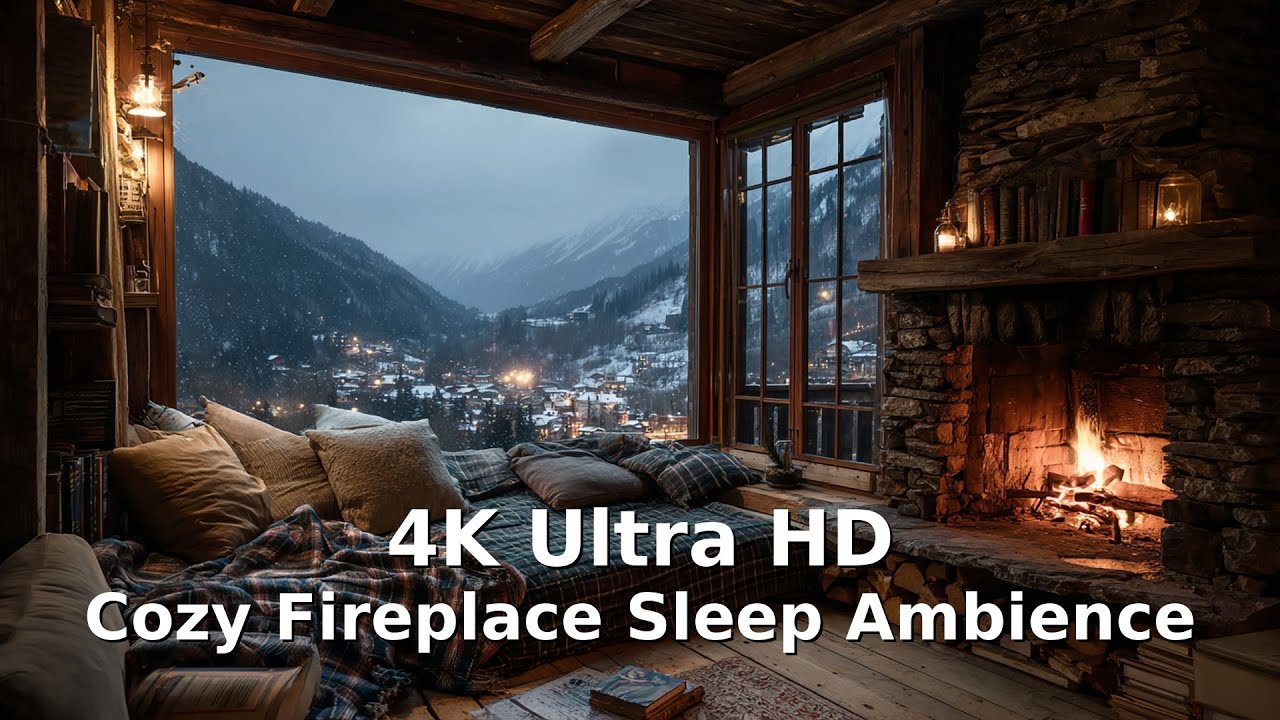 4K Ultra HD, 5 Hours Cozy Fireplace Sleep Ambience – Gentle Snow, Wind ...