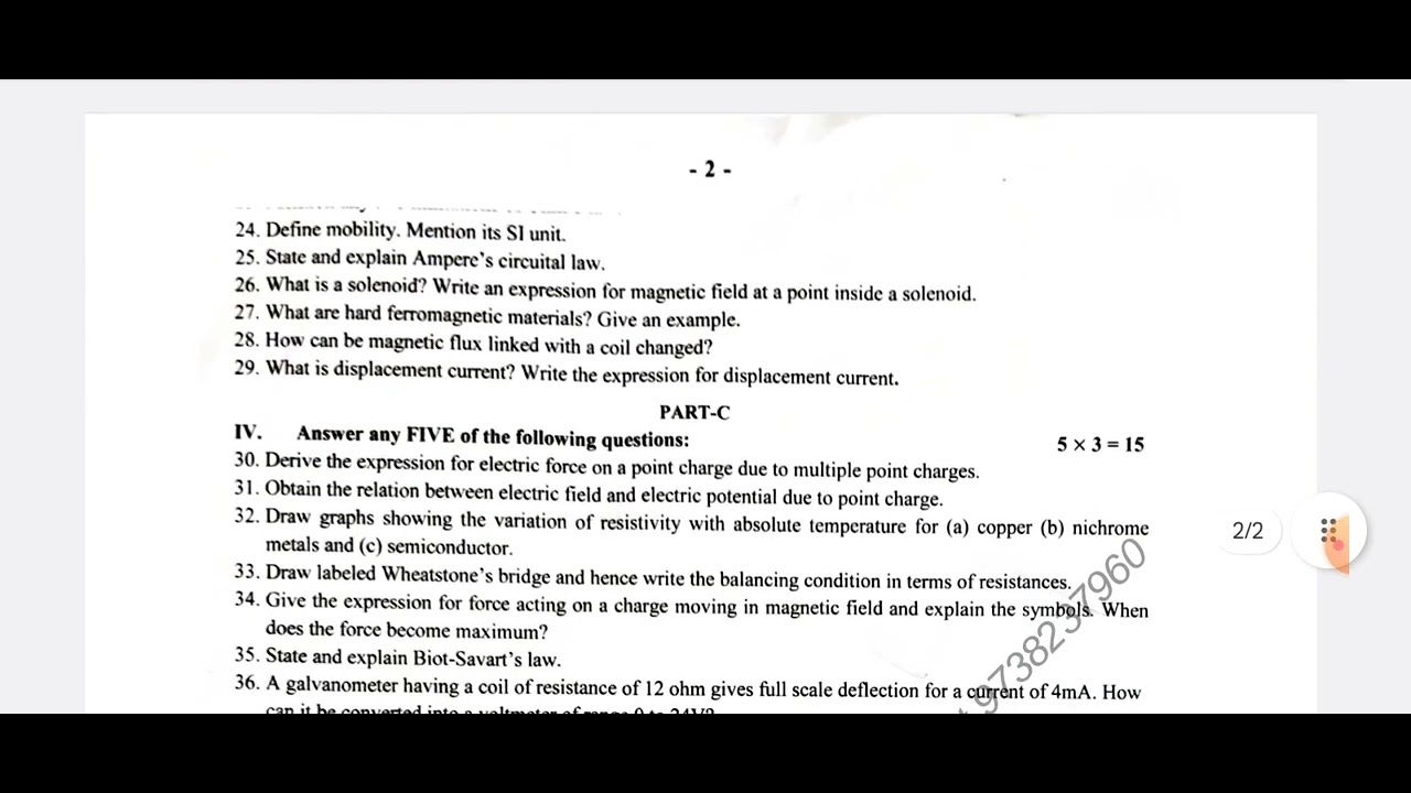 PUC II Year Physcics Bagalakote District Mid Term QP 2023 (2nd PUC Mid Term QP for Reference ...