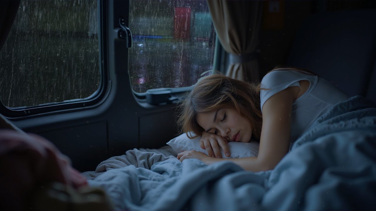 Sleep and forget everything - rain outside the car window gives sleep - rain on an empty street ...
