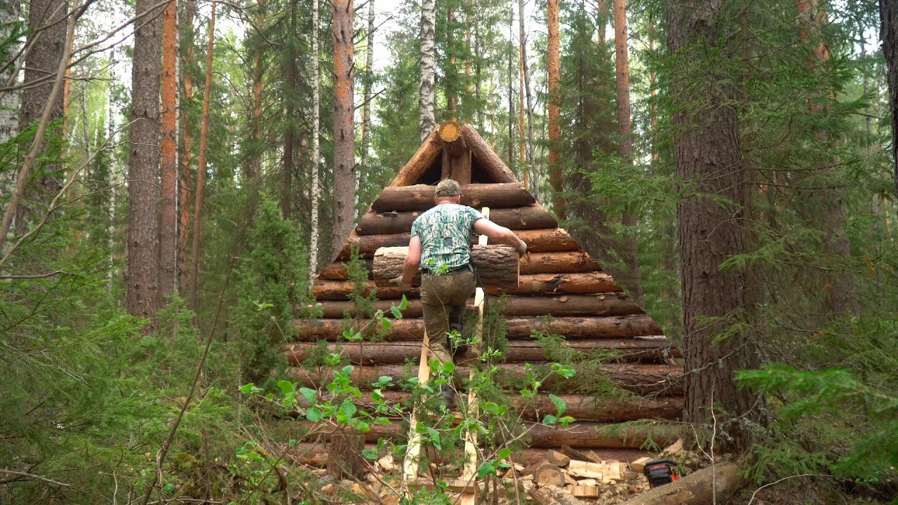 I'M BUILDING A BIG AND WARM LOG CABIN. LOG WALL. 4 DAYS IN THE FOREST ALONE. - YouTube