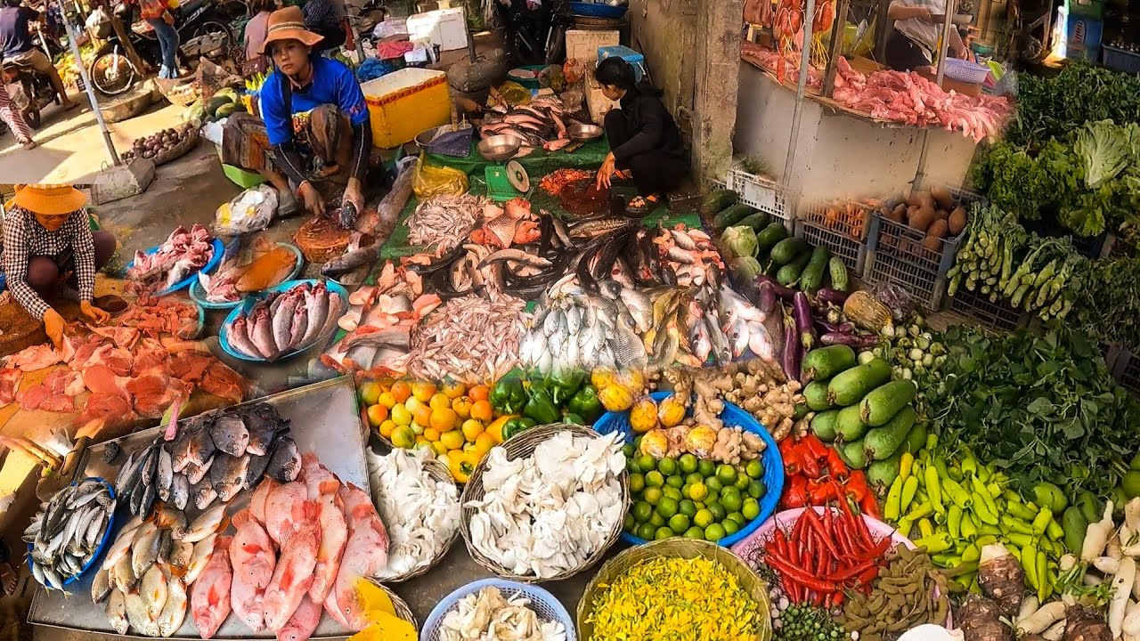 Cambodian Everyday Street Food Vegetable, Pork, Fish, Yellow Pane cake ...