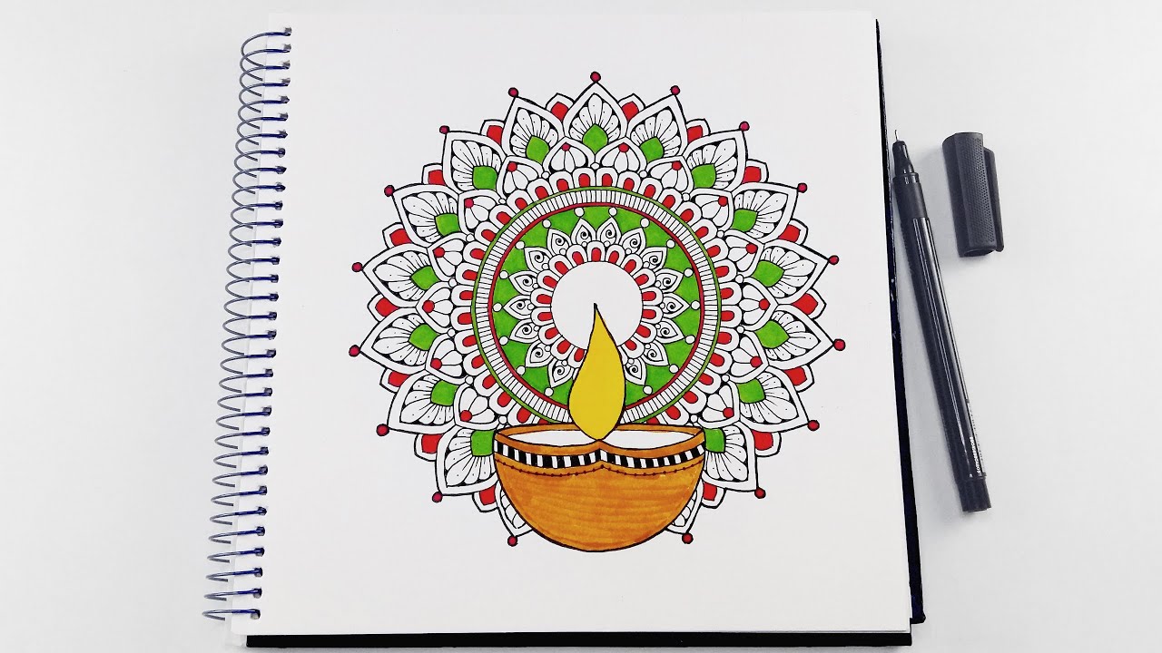 Diwali Mandala art for beginners | Diya Mandala with colored pens ...