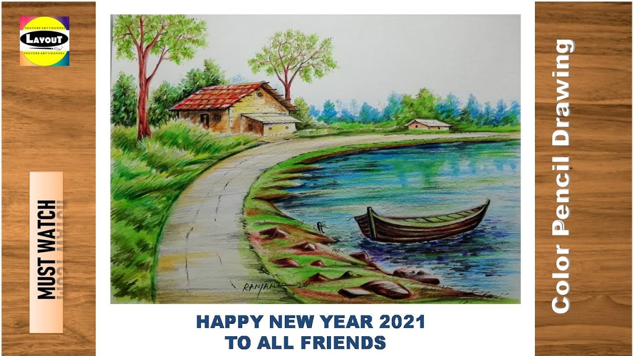 How to draw a Very Easy and Simple Colorful Landscape / Color pencil ...