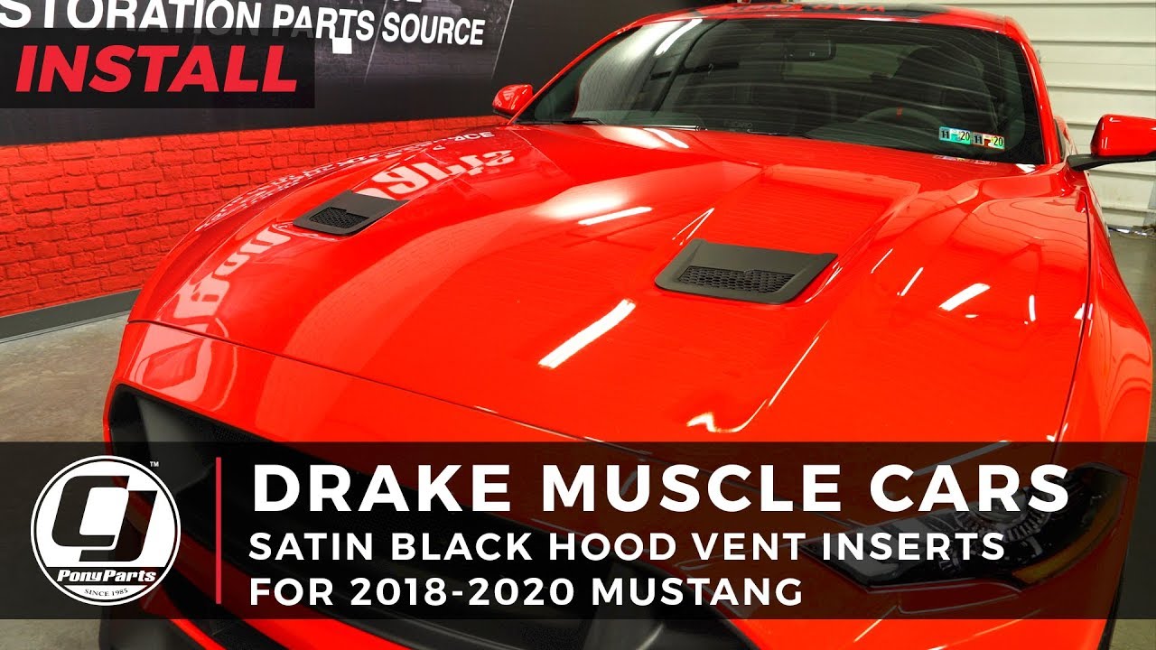 2018-2023 Mustang Install | Drake Muscle Cars Satin Black Hood Vent ...
