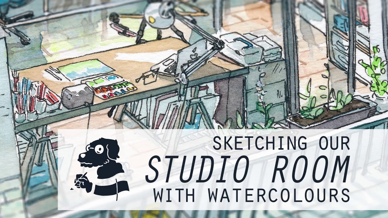 Sketching our studio room in watercolours - YouTube