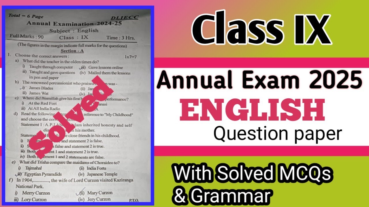 Class 9 Annual Examination 2025|English question paper with solved MCQs ...