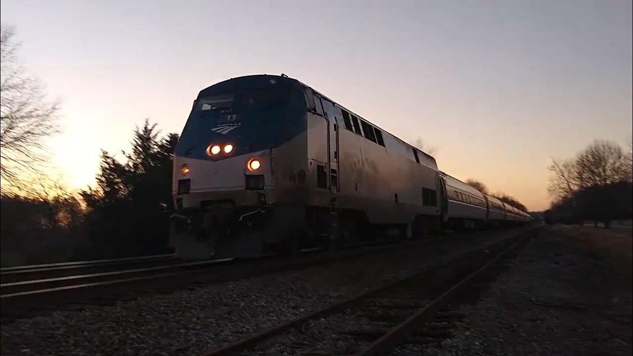 Amtrak 13 leads a long passenger train with a crazy hornshow and a nice sunset - YouTube