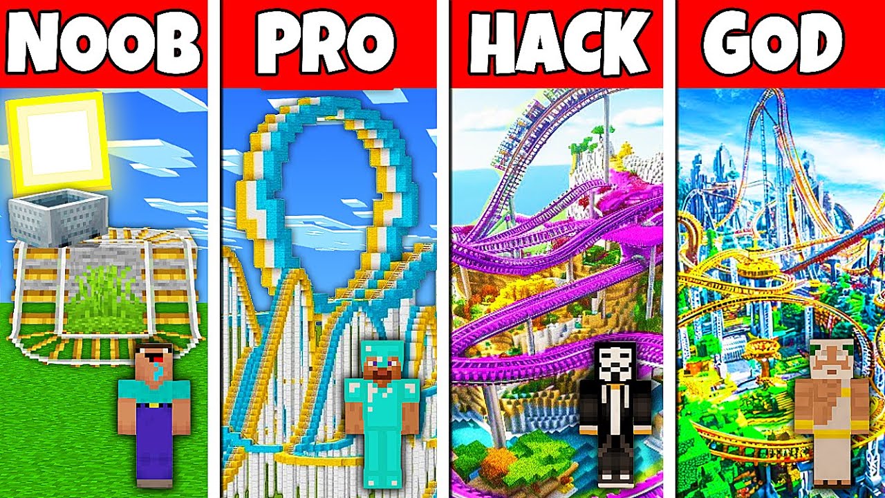 Minecraft Battle: NOOB vs PRO vs HACKER vs GOD! GIANT ROLLER COASTER BUILD CHALLENGE in ...