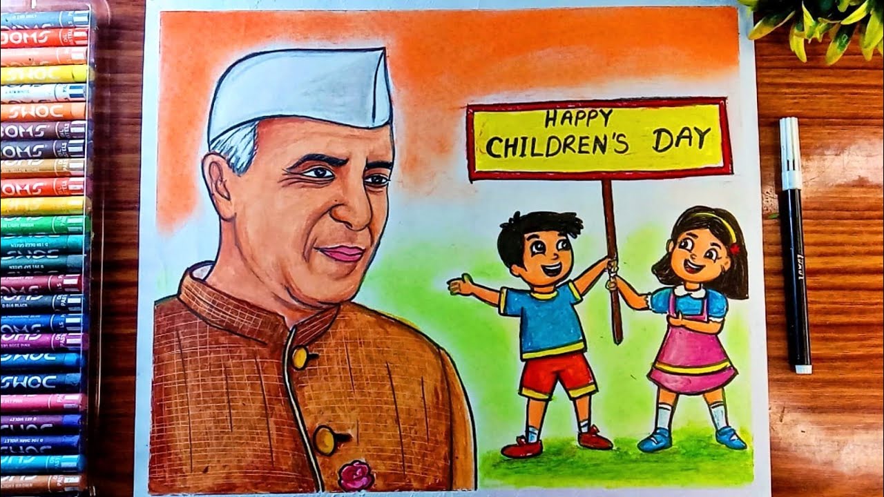 Jawaharlal Nehru Drawing, Happy Children's Day drawing, Easy With Oil ...