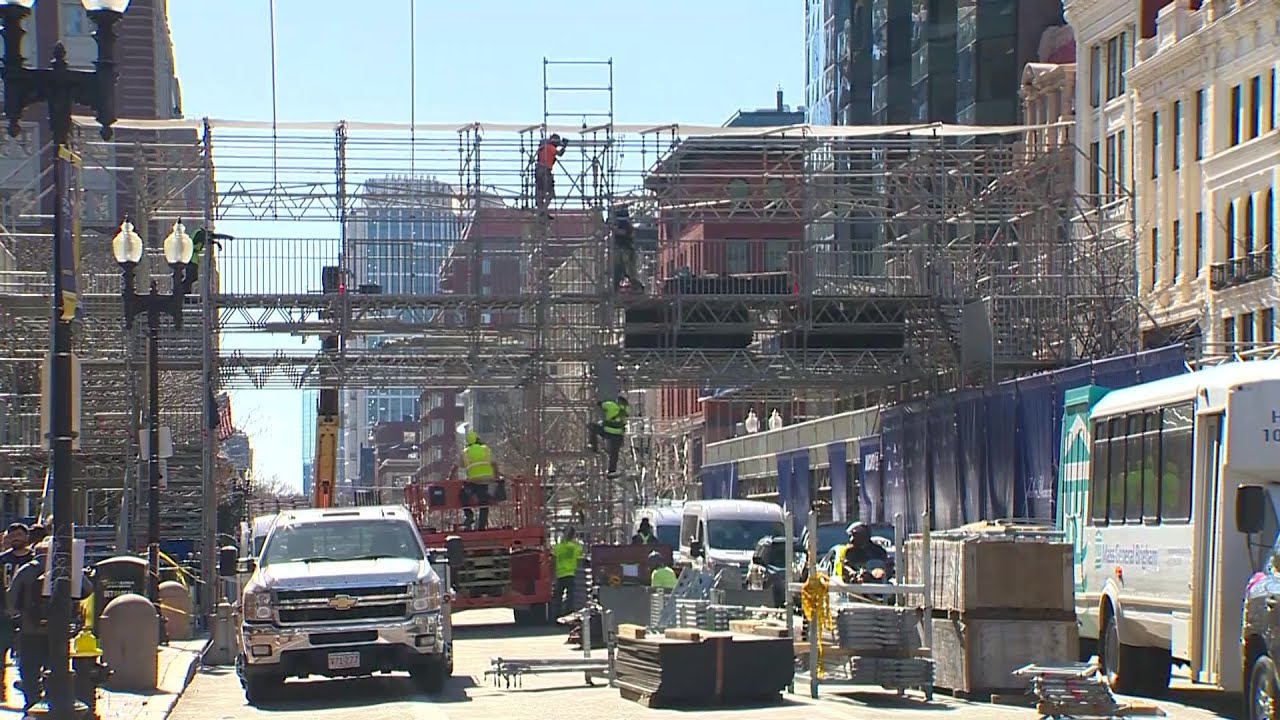 'Eye candy' for the Boston Marathon finish line being built - YouTube