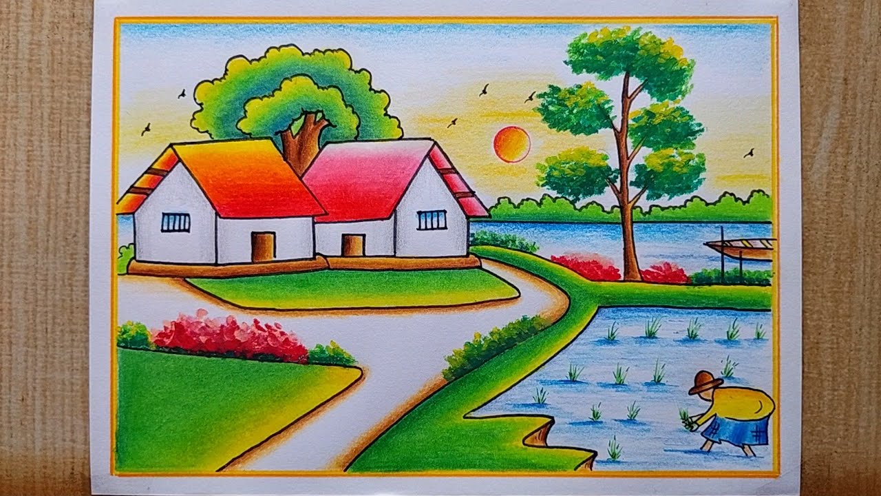 Paddy Field With Farmer Scenery drawing easy| Beautiful 😍 Village ...