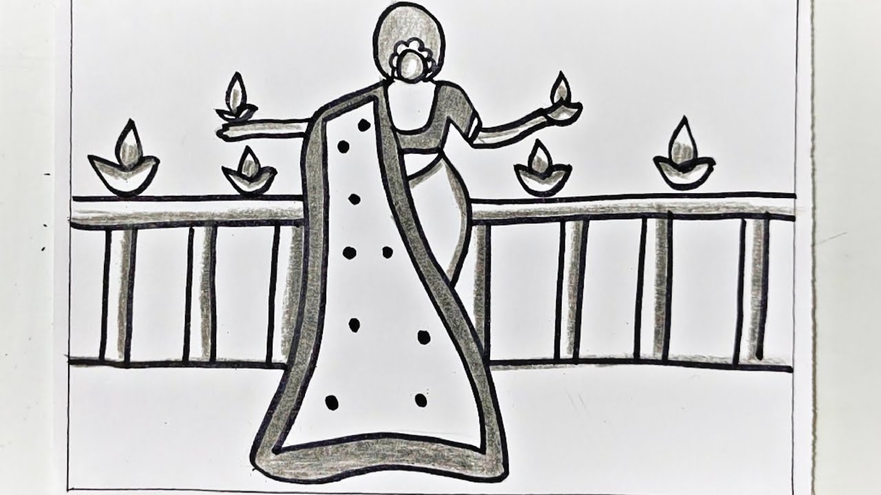 How to draw a girl drawing with diya step by step |Diwali pencil sketch ...