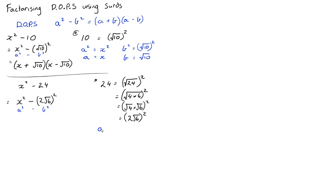 Factorising difference of perfect squares using surds 009 - YouTube