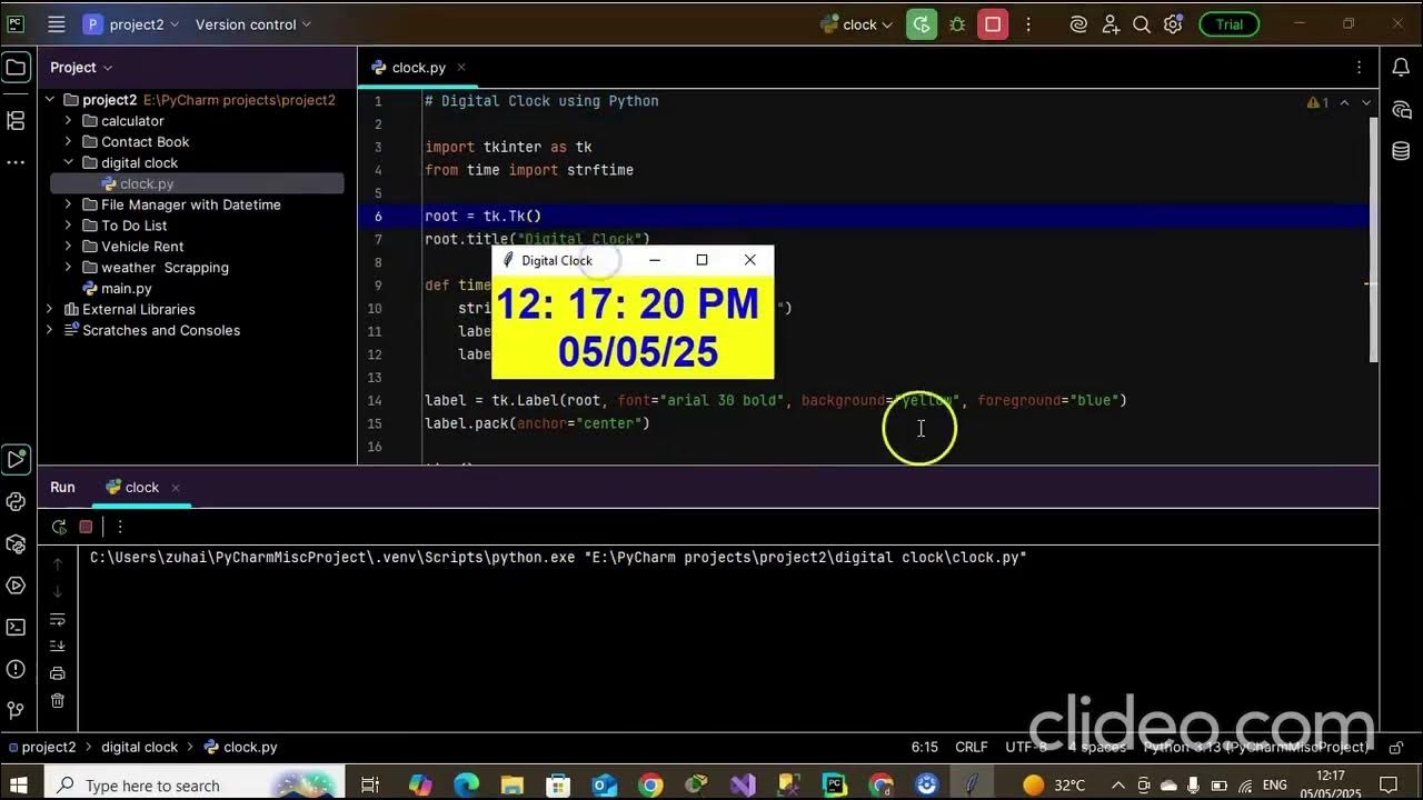 Build a Digital Clock using Python GUI | Python Tkinter Tutorial | PyCharm - YouTube