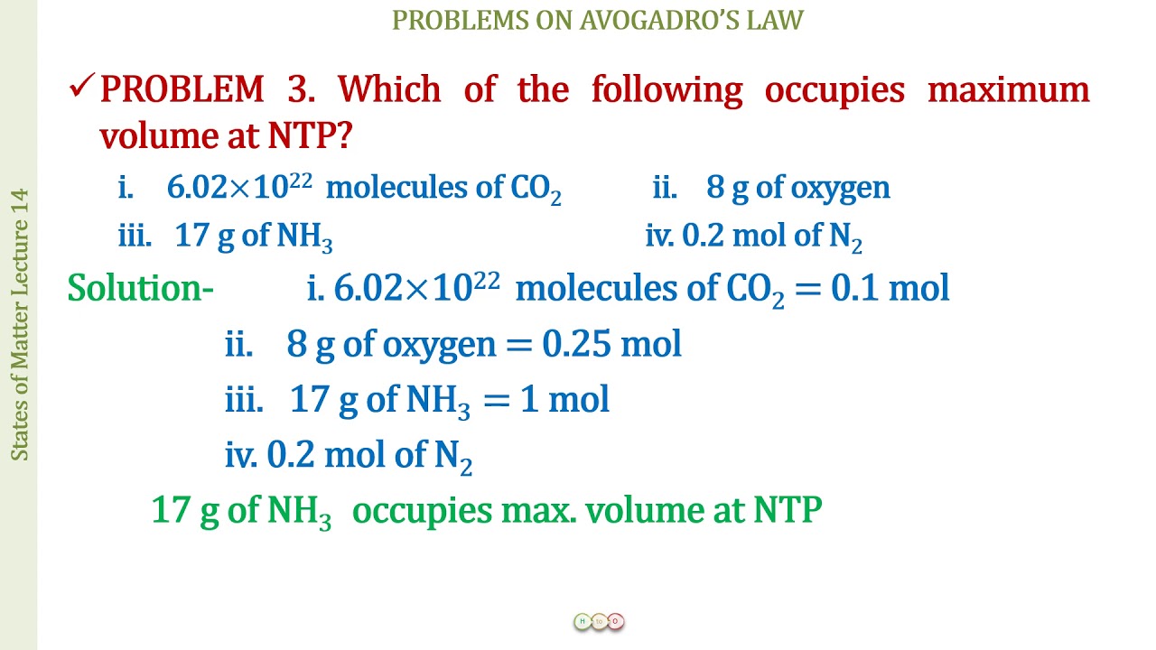 PROBLEMS ON AVOGADRO'S LAW- STATES OF MATTER -14 - YouTube