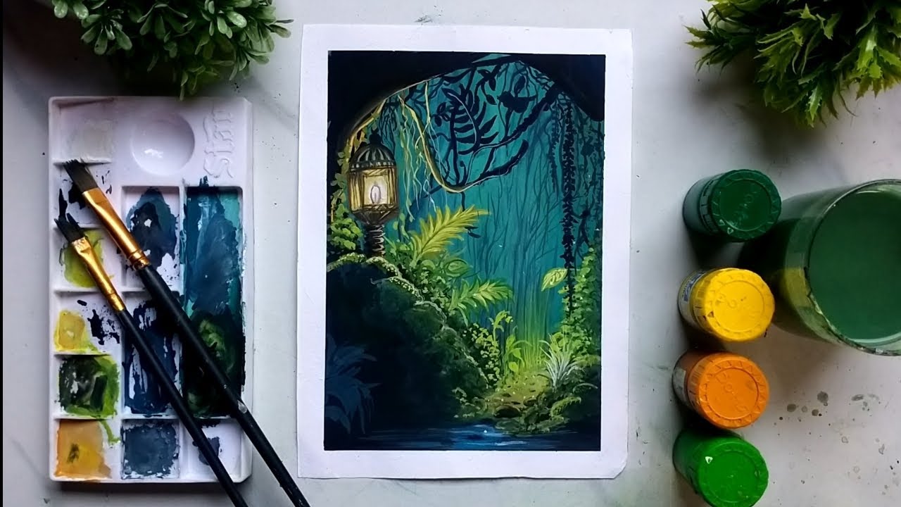 Beautiful mid night forest view painting ideas for beginners|painting ...
