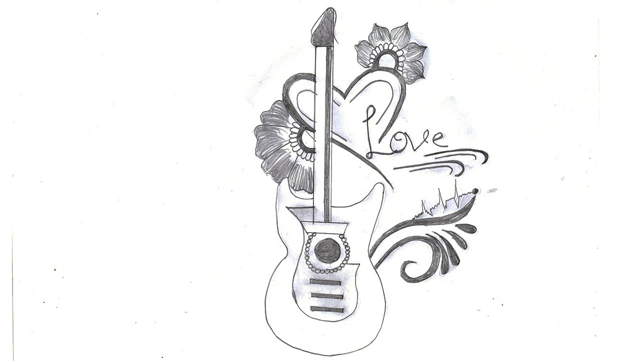 Love With Beautiful Guitar And Heart Drawing | Guitar Drawing | DorBani ...