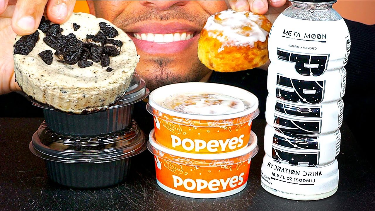 ASMR POPEYES OREO CHEESECAKE STRAWBERRY BISCUIT MUKBANG CANDY SWEETS ...