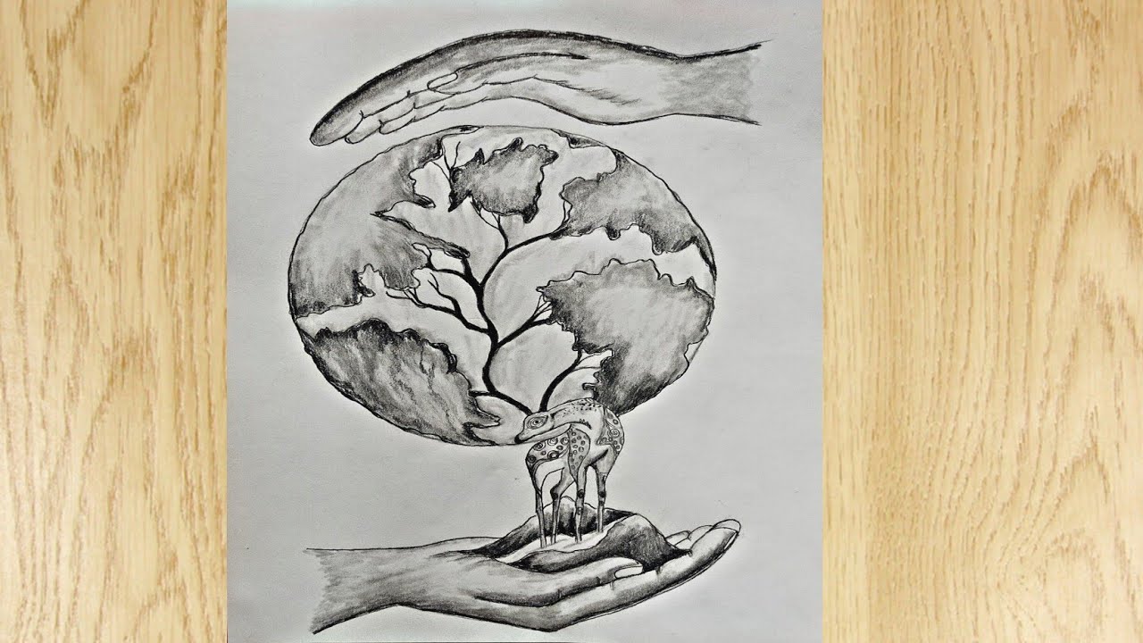 How to draw Save animals & Save tree pencil drawing step by step ...