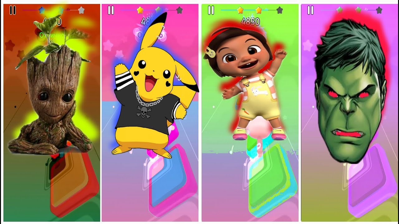 Groot VS Pikachu VS Cocomelon VS Hulk Tiles hop EDM Rush - YouTube